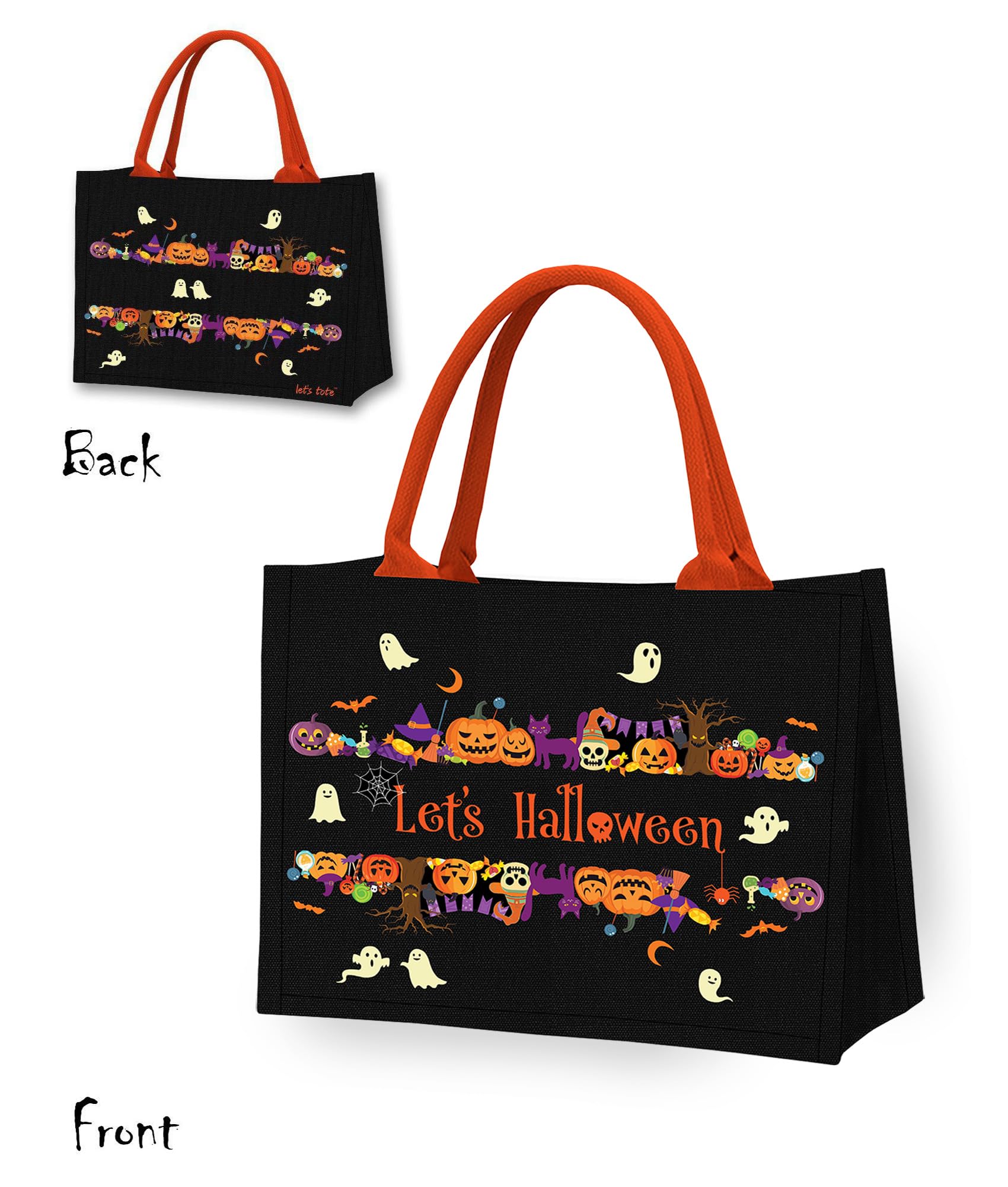 Let's Tote Halloween Canvas Candy Tote Bag With Handle, Ghosts Glow In The Dark, Great Pumpkin Halloween Party Gift. Reusable Bag for Trick or Treat, Candy Bucket. (Large)