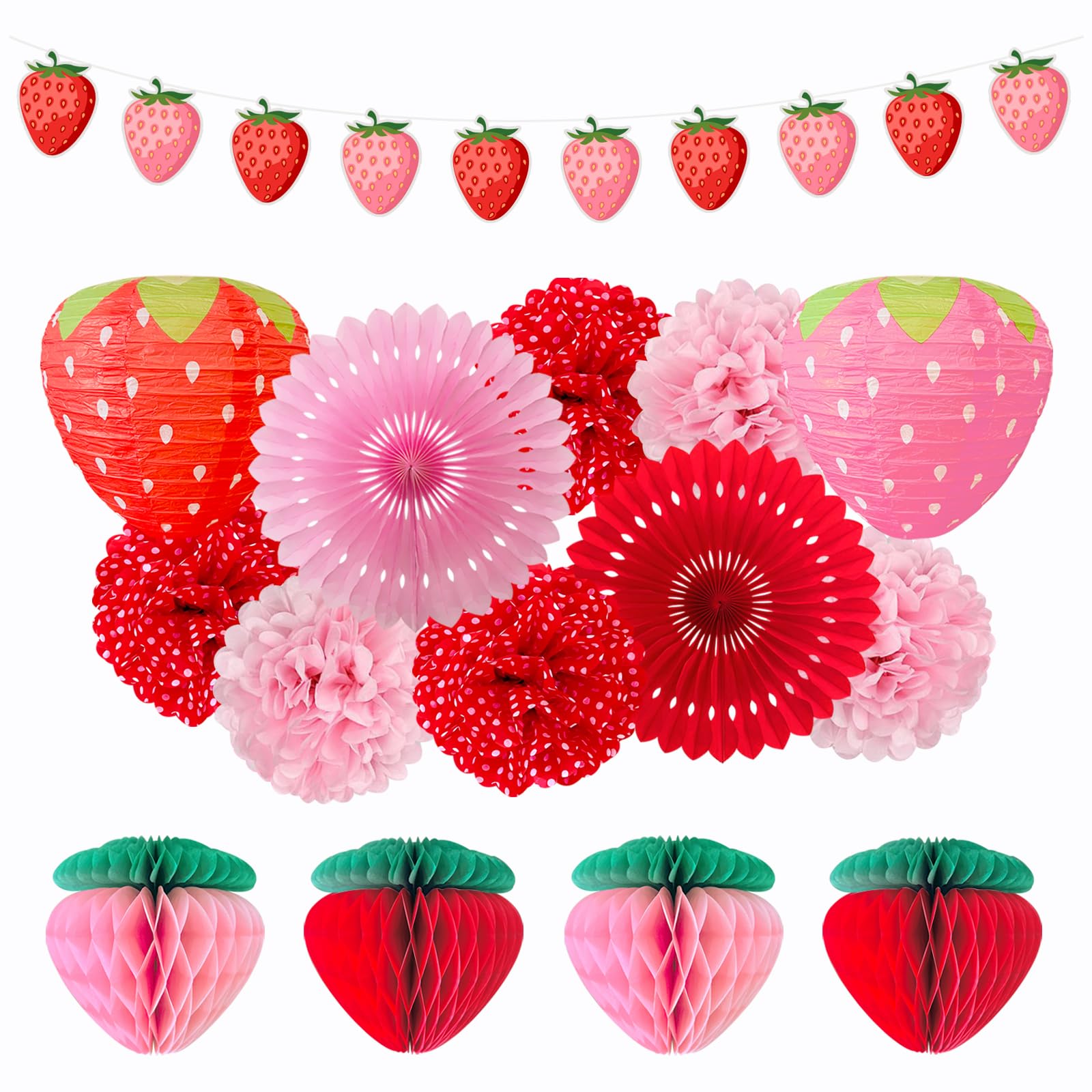 Strawberry Party Decorations Strawberry Hanging Banner Red Pink Tissue Pom Poms Fans Honeycomb Balls Lanterns for Berry Sweet Fruits 1st Birthday Bridal Baby Shower Decorations Supplies