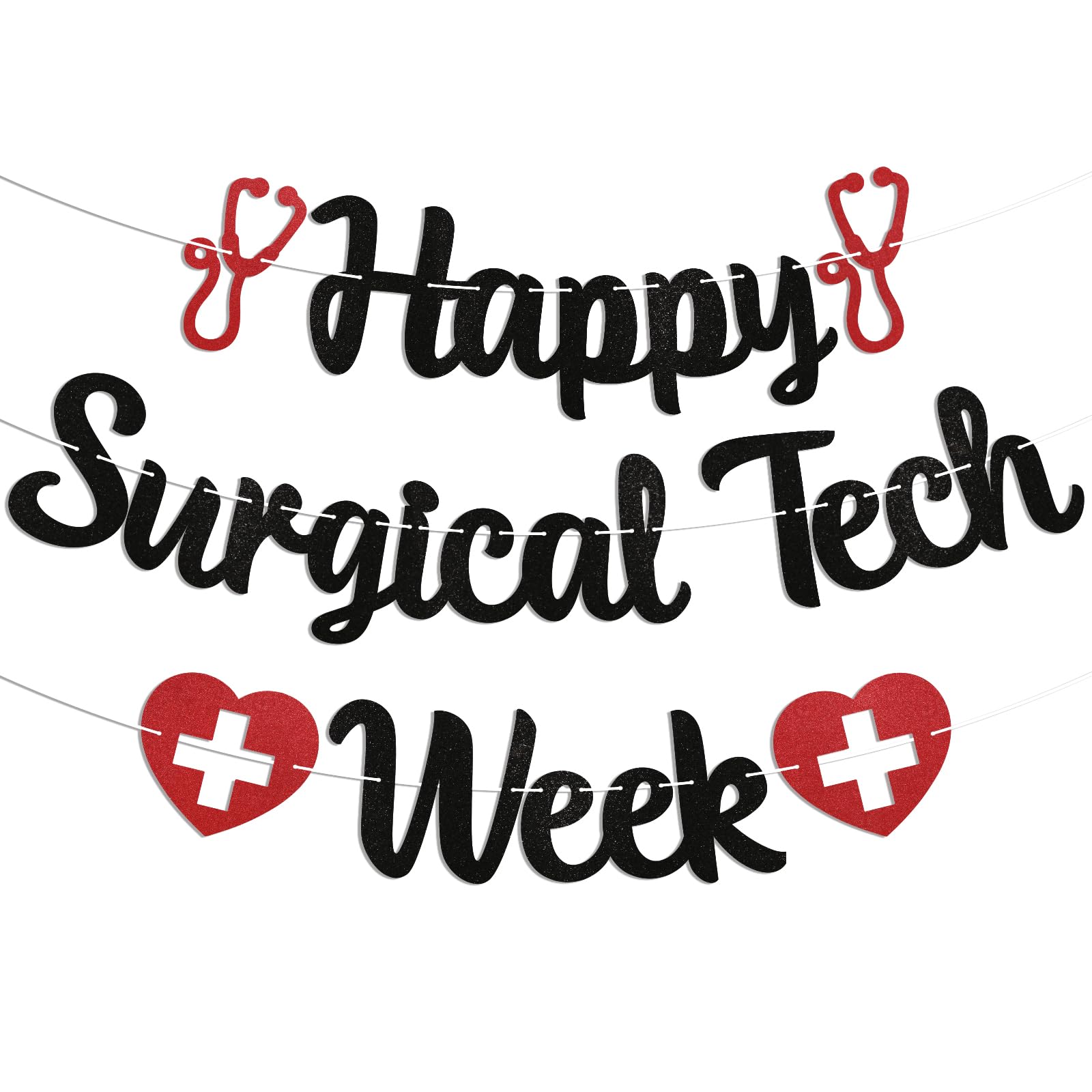 Happy Surgical Tech Week Banner - Surgical Technologist Appreciation Week Decor, Hospital Office Clinics, Thank You Nurse Doctor Party Decor 1 Black & Red Glitter