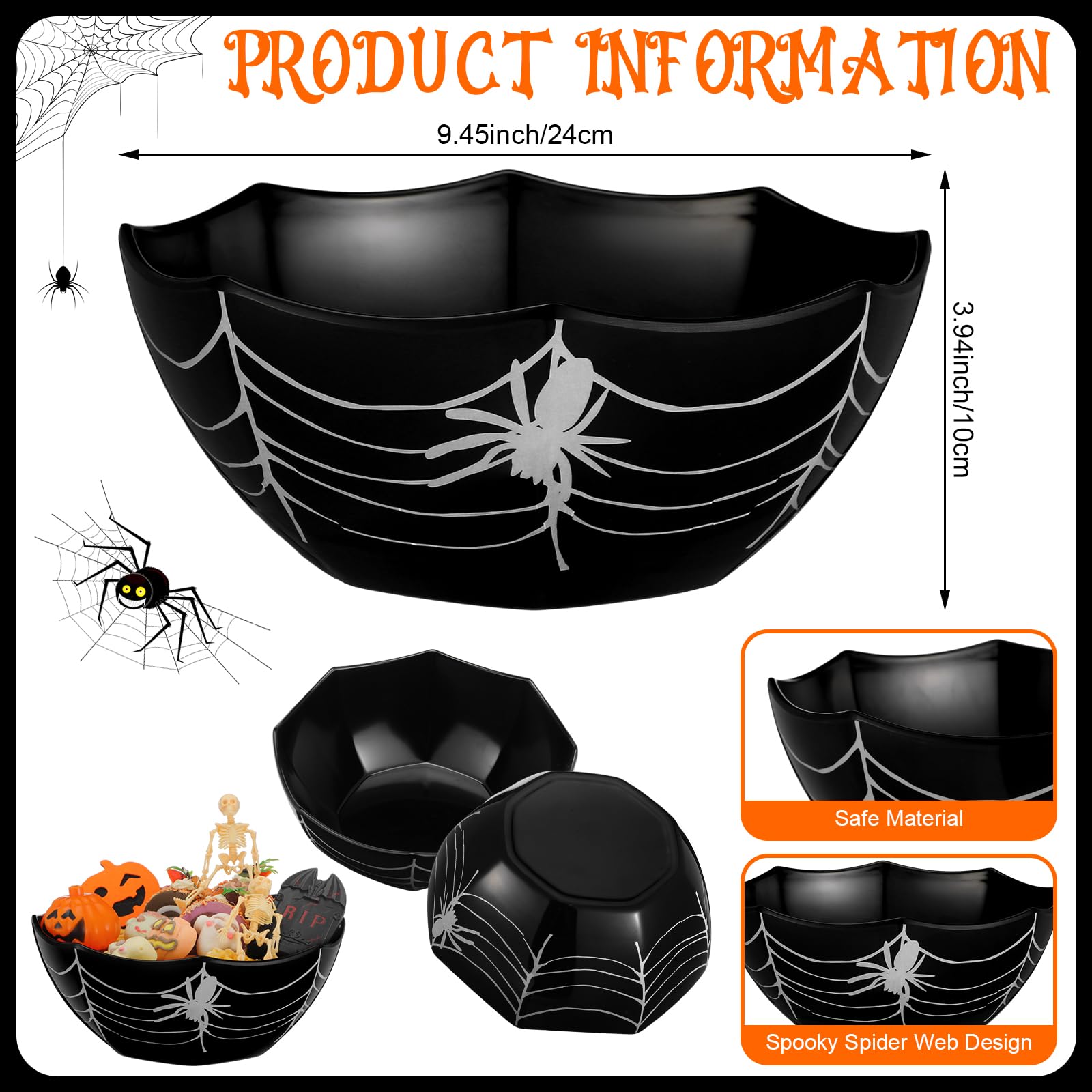 Shellwei 2 Pcs Halloween Candy Bowls Spider Web Serving Bowl Black Melamine Decorative Treat Bowl for Halloween Trick or Treat Kitchenware Party Supplies