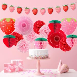 Strawberry Party Decorations Strawberry Hanging Banner Red Pink Tissue Pom Poms Fans Honeycomb Balls Lanterns for Berry Sweet Fruits 1st Birthday Bridal Baby Shower Decorations Supplies