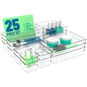 yieach 25 pc clear plastic drawer organizer set,4 sizes in drawer organizer trays for bathroom,office,kitchen cabinet and vanity organizers,desk drawer organizer bins for jewelry,cosmetic,utensil,junk