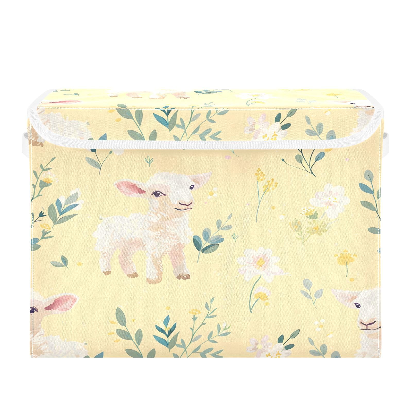 DALAWU Containers Baskets with Lids Cartoon Cute Lamb Fabric Foldable Storage Bins Organizer with Lid Collapsible Storage Boxes for Home Bedroom Closet Office