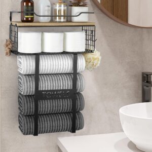 Towel Racks for Bathroom Wall Mounted - Bath Wall Towel Holder Set Above Toilet Storage, Rolled Towel Shelf Organizer for Small Bathroom, Wood Vertical Towel Rack for Bathroom Wall Decor