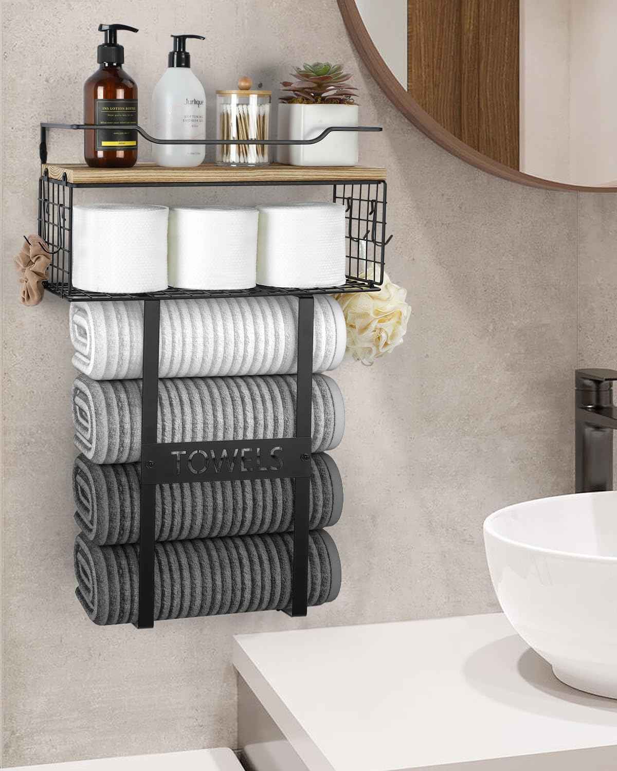 Towel Racks for Bathroom Wall Mounted - Bath Wall Towel Holder Set Above Toilet Storage, Rolled Towel Shelf Organizer for Small Bathroom, Wood Vertical Towel Rack for Bathroom Wall Decor