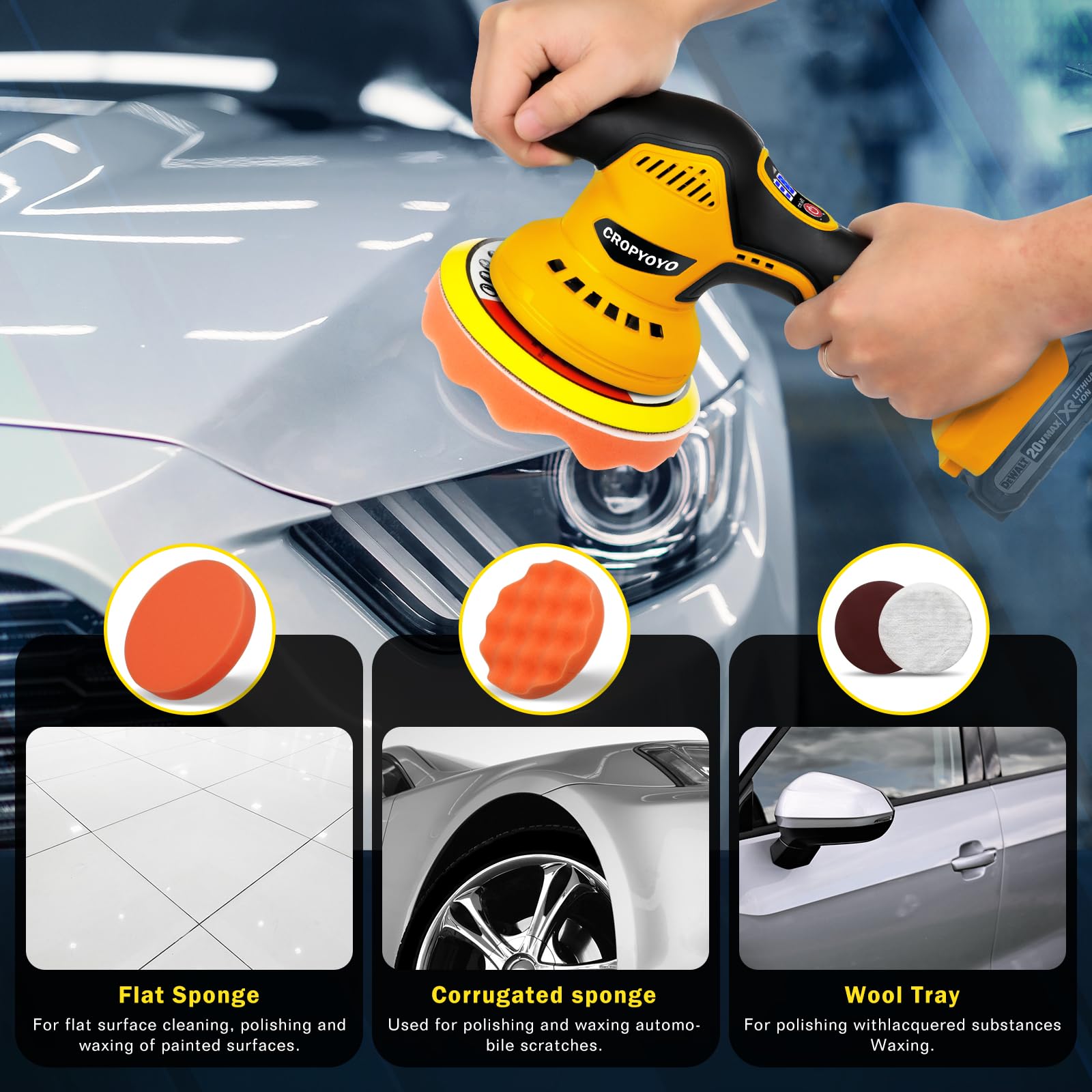 Cordless Car Buffer Polisher Compatible for Dewalt 20V Battery, Polishers and Buffers with 6 Variable Speed Up to 5500RPM, Car Buffer Polisher for Car Detailing/Polishing/Waxing(Battery Not Included)