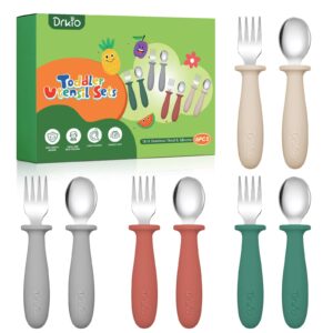 drkio 8 pieces toddler utensils set - kids silverware set with silicone handle children safe 18/8 stainless steel forks and spoons anti-choke design food grade dishwasher safe