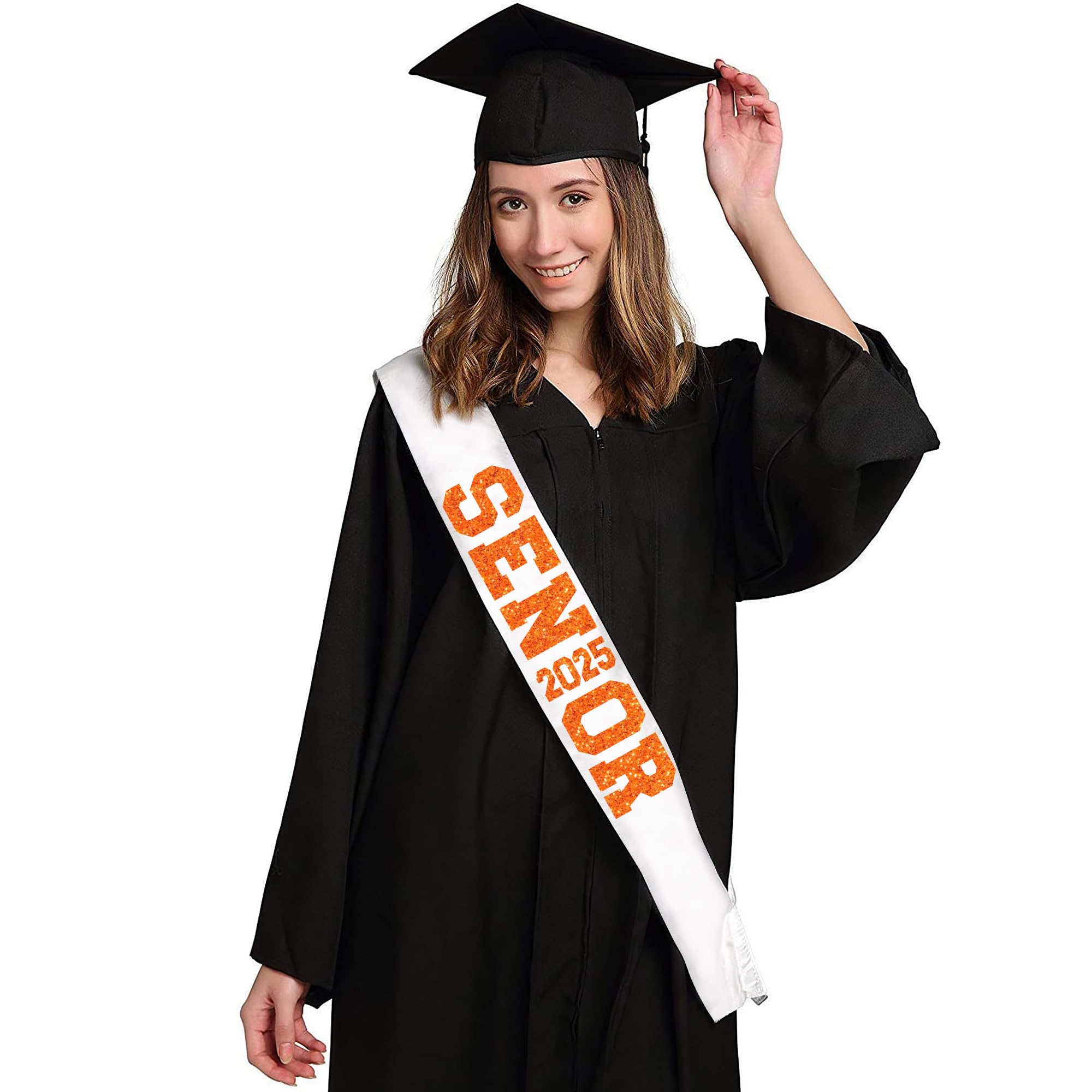 6Pcs White Senior 2025 Satin Sashes with Orange Glitter Letters- 2025 Graduation Celebrations Sashes - Senior Cheer Sash - Cheerleader Sash - Class Competition Sashes