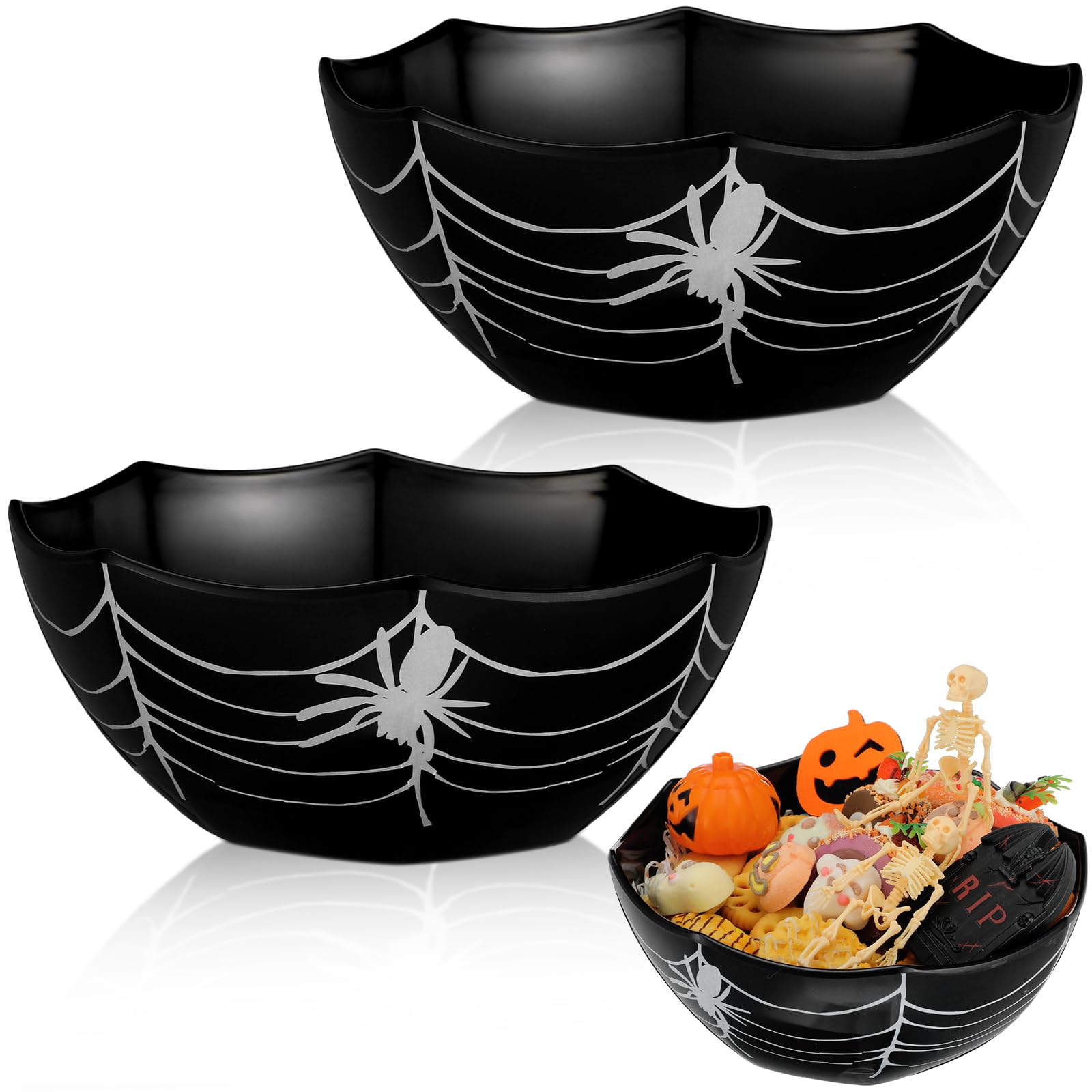 Shellwei 2 Pcs Halloween Candy Bowls Spider Web Serving Bowl Black Melamine Decorative Treat Bowl for Halloween Trick or Treat Kitchenware Party Supplies