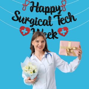 Happy Surgical Tech Week Banner - Surgical Technologist Appreciation Week Decor, Hospital Office Clinics, Thank You Nurse Doctor Party Decor 1 Black & Red Glitter