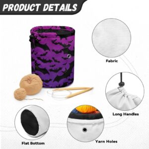 Sellikakes Halloween Purple Bat Small Yarn Storage Bag, Mini Knitting Bag Yarns Drum Case for Carry Yarn Ball, Crochet Kits, Knitting Supplies and Sewing Accessories,