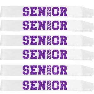 6Pcs White Senior 2025 Satin Sashes with Purple Glitter Letters- 2025 Graduation Celebrations Sashes - Senior Cheer Sash - Cheerleader Sash - Class Competition Sashes