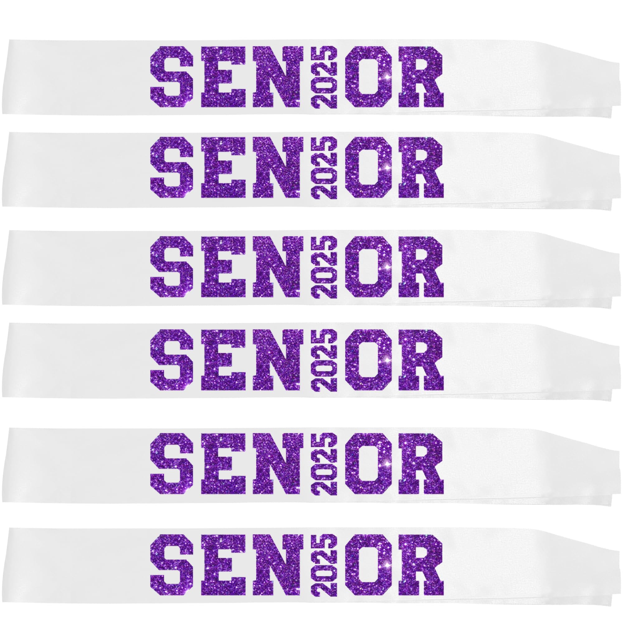 6Pcs White Senior 2025 Satin Sashes with Purple Glitter Letters- 2025 Graduation Celebrations Sashes - Senior Cheer Sash - Cheerleader Sash - Class Competition Sashes