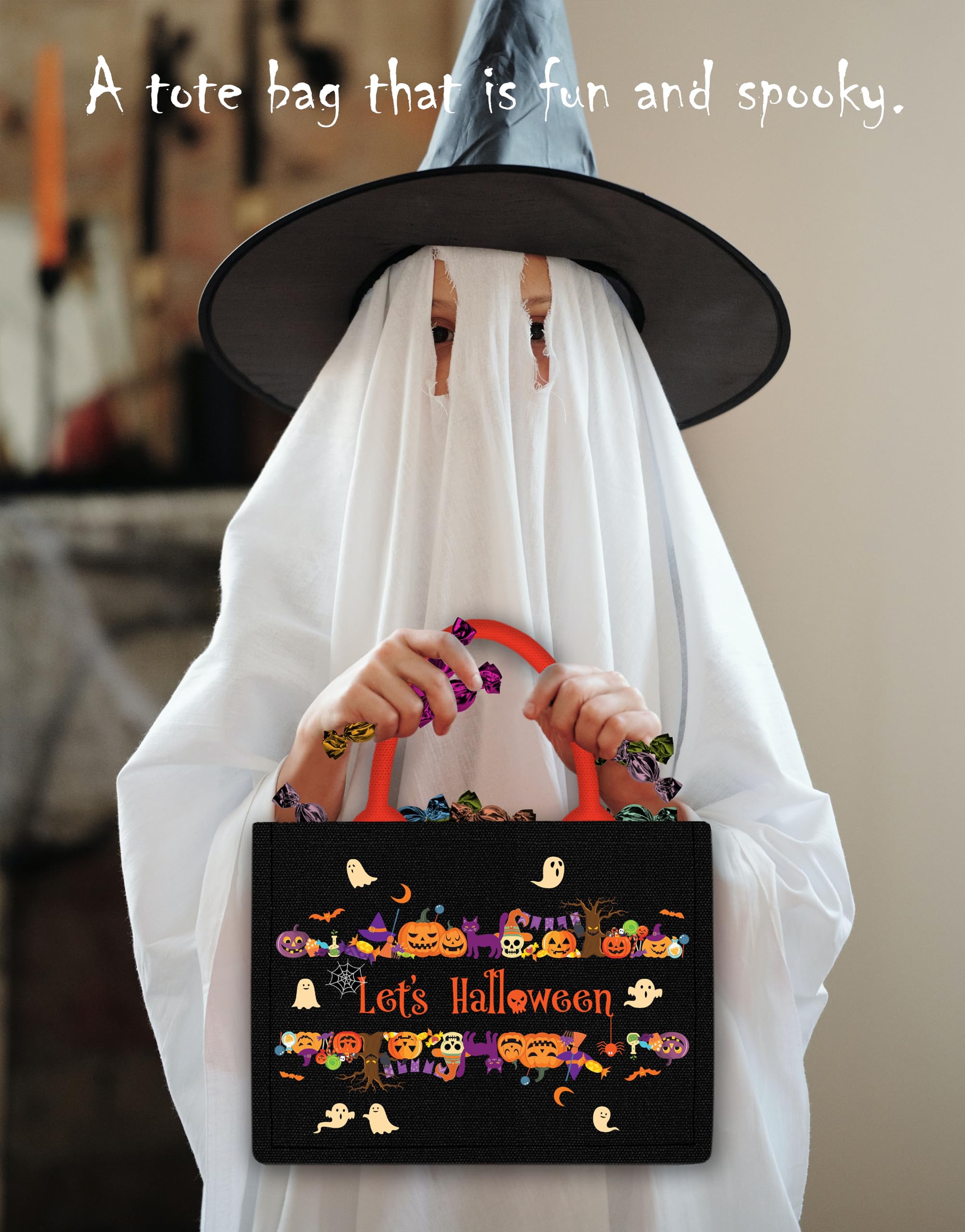 Let's Tote Halloween Canvas Candy Tote Bag With Handle, Ghosts Glow In The Dark, Great Pumpkin Halloween Party Gift. Reusable Bag for Trick or Treat, Candy Bucket. (Large)