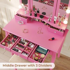 Tiptiper Vanity Desk with Tri-Fold Mirror and Lights, Makeup Vanity with Wood Upholstered Stool, Vanity Table with 5 Drawers & 8 Jewelry Hooks, Small Vanity, Pink