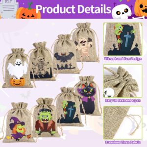 24 Pack Halloween Linen Burlap Bags with Drawstring, 4x6 inches, 8 Spooky Designs for DIY Halloween Party Favors, Small Gift Pouches, Treat Bags, Goodie Bags Bulk for Candies, Treats, and Goodies