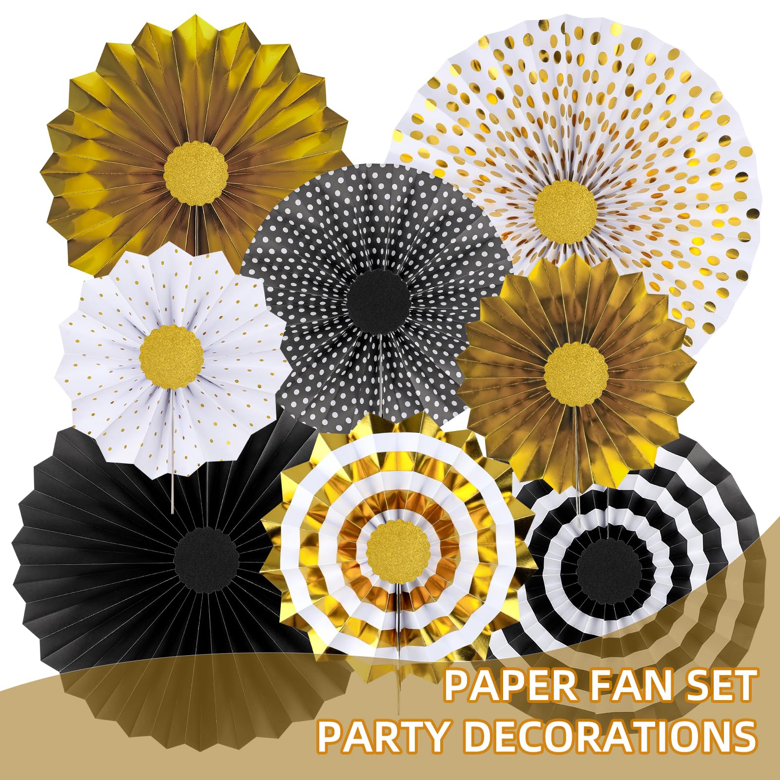 8 PCS Black Gold Party Hanging Paper Fans Decorations,Round Flower Paper Pompoms Fan for Photo Backdrop Halloween Graduation Birthday Wedding Party Decorations