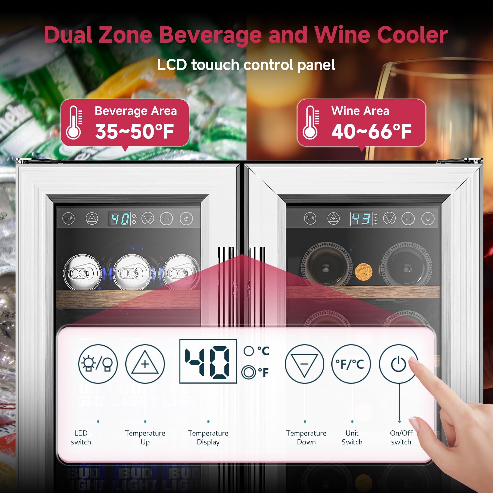 Icyglee 24" Wine and Beverage Refrigerator, Dual Zone Wine Cooler with Glass Door, Hold 88 Cans & 21 Bottles, Built in or Freestanding Under Counter Wine Fridge with Blue LED Light.