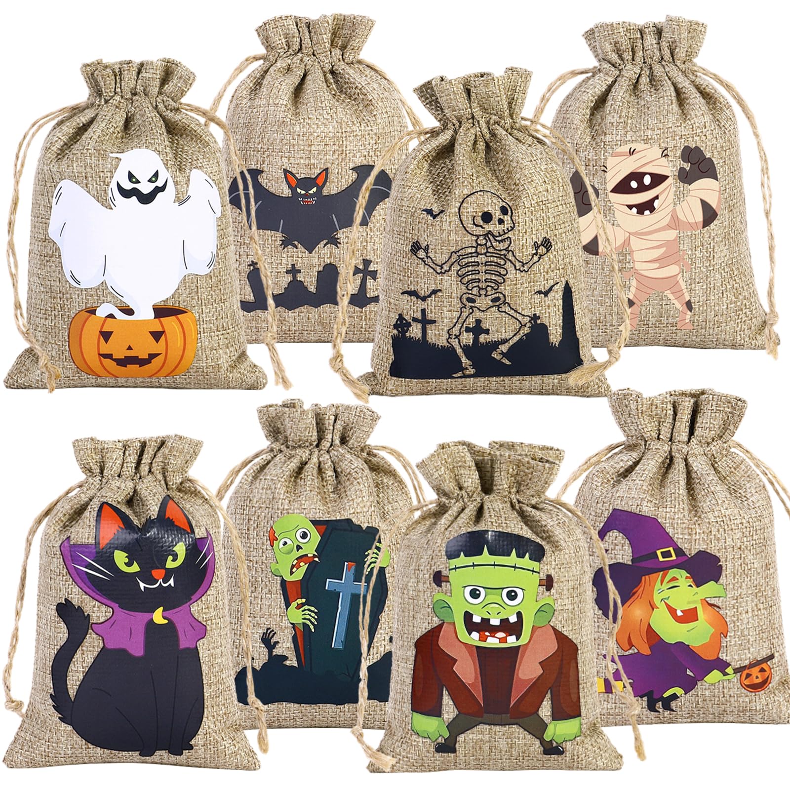 24 Pack Halloween Linen Burlap Bags with Drawstring, 4x6 inches, 8 Spooky Designs for DIY Halloween Party Favors, Small Gift Pouches, Treat Bags, Goodie Bags Bulk for Candies, Treats, and Goodies