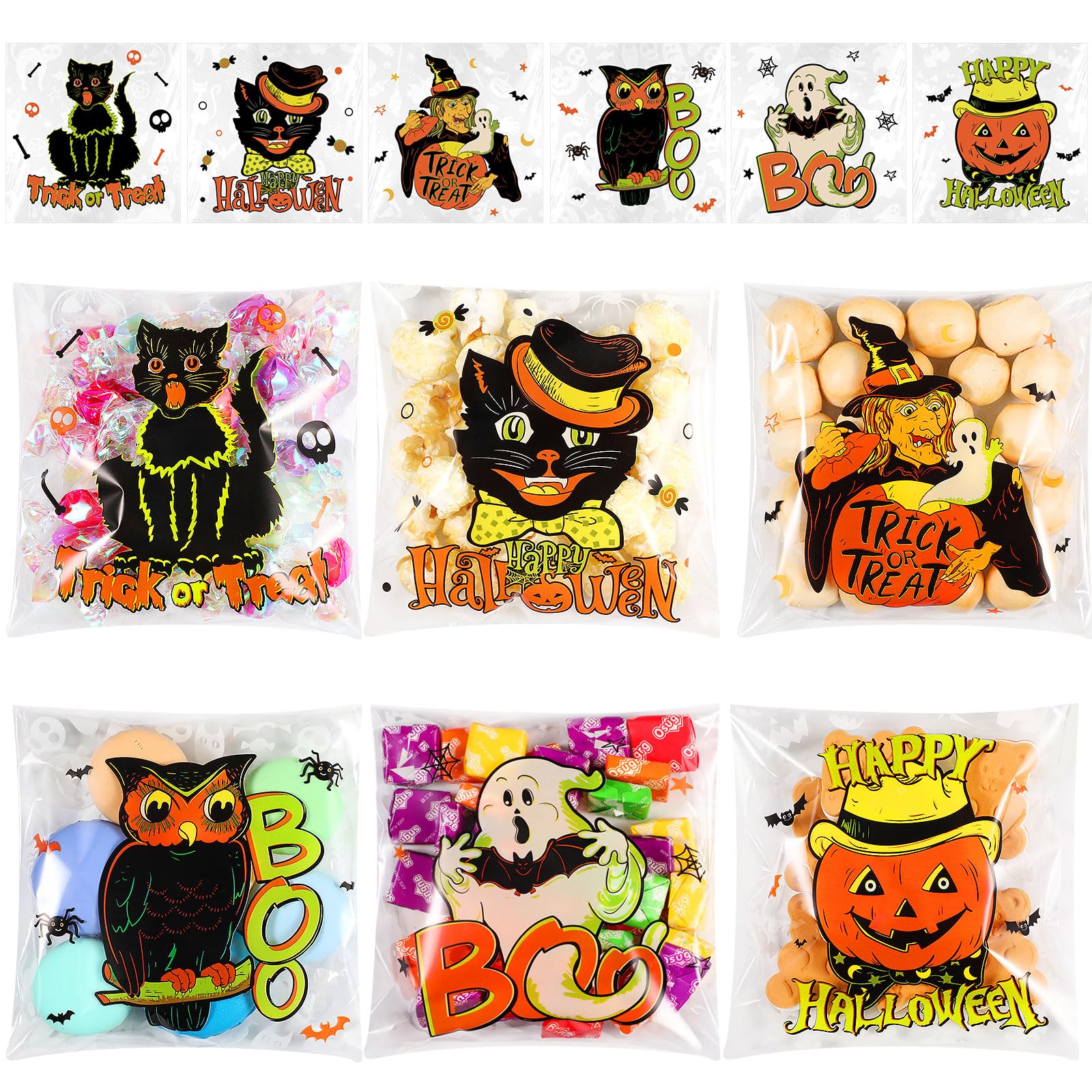 Blosssound 300 Pcs Halloween Cellophane Treat Bags Halloween Self Adhesive Candy Bags Clear Witch Cat Pumpkin Goodie Cookie Gift Bags for Halloween Party Favors Supplies