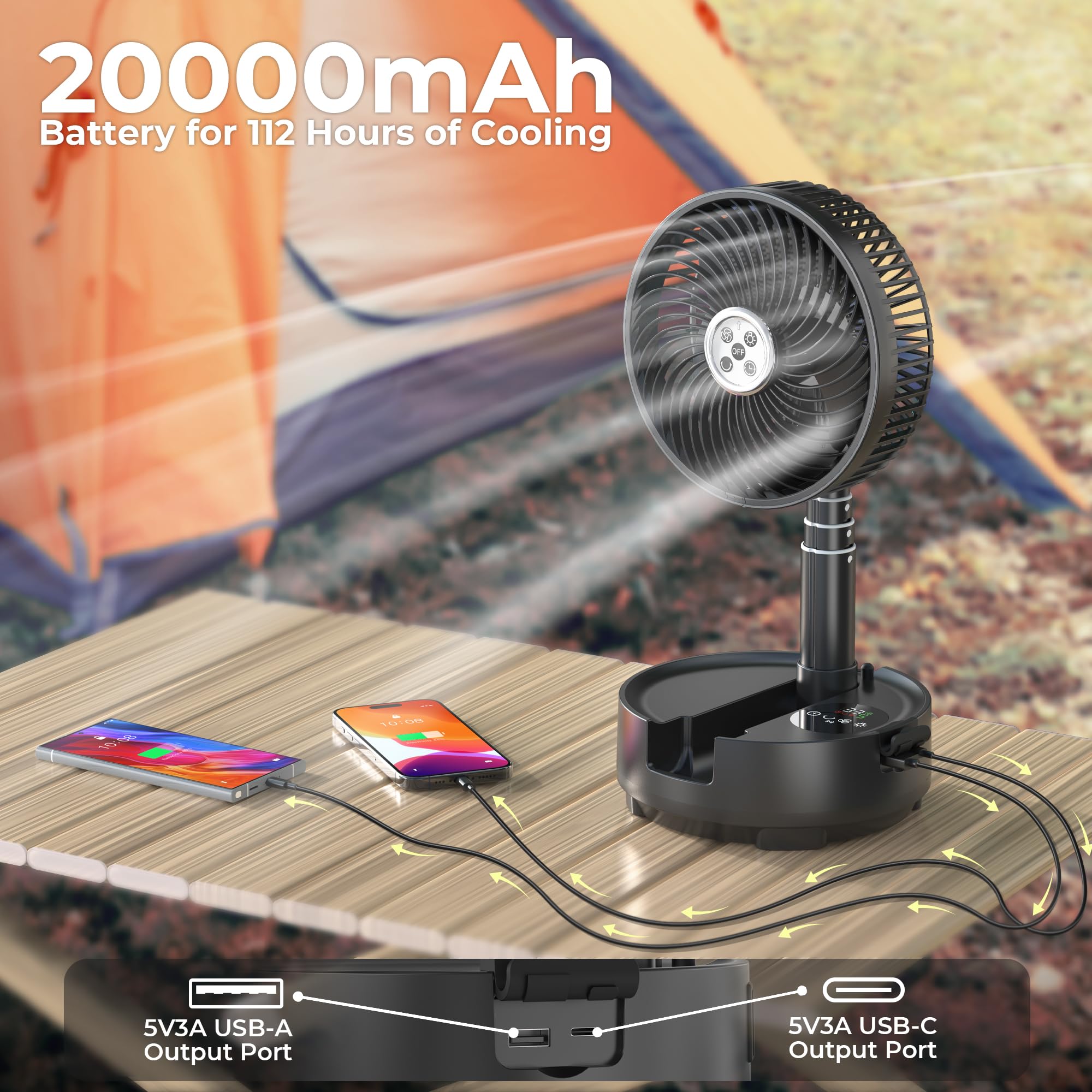 20000mAh Battery Operated Oscillating Table Fan - 112Hrs Rechargeable Camping Fan with Light & Timer, 9 Speeds Portable Travel Fan for Cruise RV Trip, Hurricane Power Outage (8" with Case)