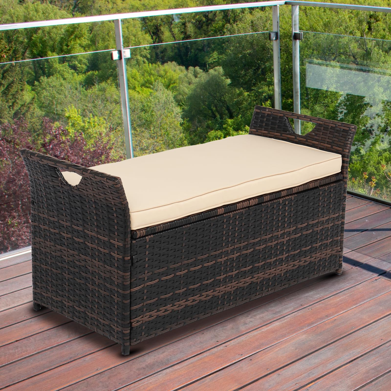 VINGLI 40 Gallon Outdoor Rattan Deck Box w/Cushion, Patio Wicker Storage Box for Tools and Supplies Storage, Garden Deck Storage Bin for Garden, Balcony, Porch, Pool, Yard, Brown