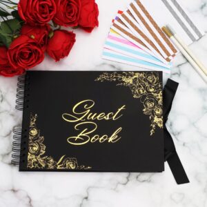 Wedding Guest Book with Ribbon Close for Wedding, Baby Shower, Birthday, Bridal Shower, Graduation Party, Anniversary - 11.2” x 8.3”, 80 Blank Pages Guestbook(Black)