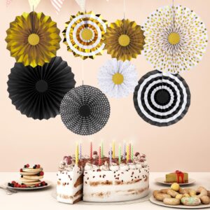 8 PCS Black Gold Party Hanging Paper Fans Decorations,Round Flower Paper Pompoms Fan for Photo Backdrop Halloween Graduation Birthday Wedding Party Decorations