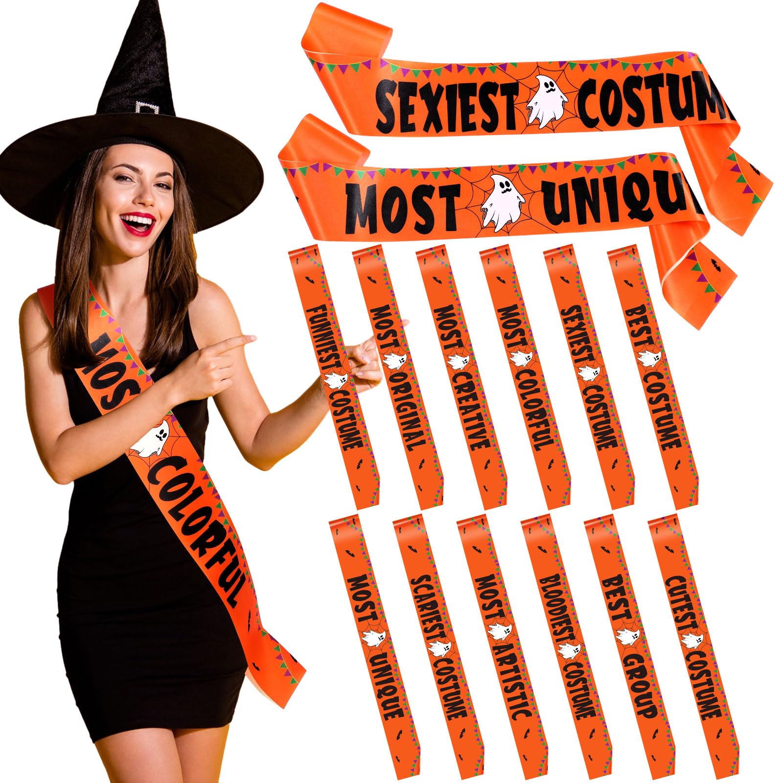 Blosssound 12 Pcs Halloween Costume Contest Award Sashes Halloween Contest Sashes Orange Ghost Bat Spider Web Costume Prizes Ribbons Sash for Halloween Party Supplies, 12 Style