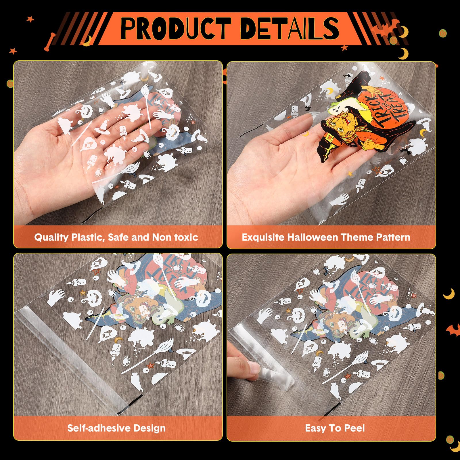 Blosssound 300 Pcs Halloween Cellophane Treat Bags Halloween Self Adhesive Candy Bags Clear Witch Cat Pumpkin Goodie Cookie Gift Bags for Halloween Party Favors Supplies