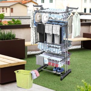 5 Tier Clothes Drying Rack Oversized, Foldable& Adjustable Height Rolling Clothes Rack Stainless Steel with 4 Castor, 32 Drying Poles,14 Hook& 4 Sock Clippers, Drying Rack Clothing for Indoor& Outdoor