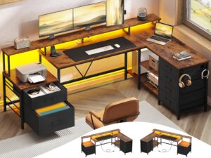 uposoja l shaped gaming desk with power outlet, 78" reversible corner computer desk with file drawers & led strip, home office desk with storage shelves monitor shelf cpu stand mouse pad brown