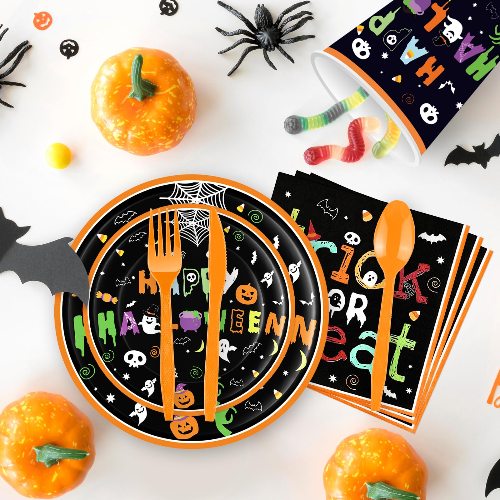 Jremreo 175 Pcs Halloween Tableware Party Supplies Set - Serves 25, Spooky Happy Halloween Disposable Dinnerware, Includes Plates, Cups, Napkins, Forks, Spoons, Knives for Trick or Treat Favors