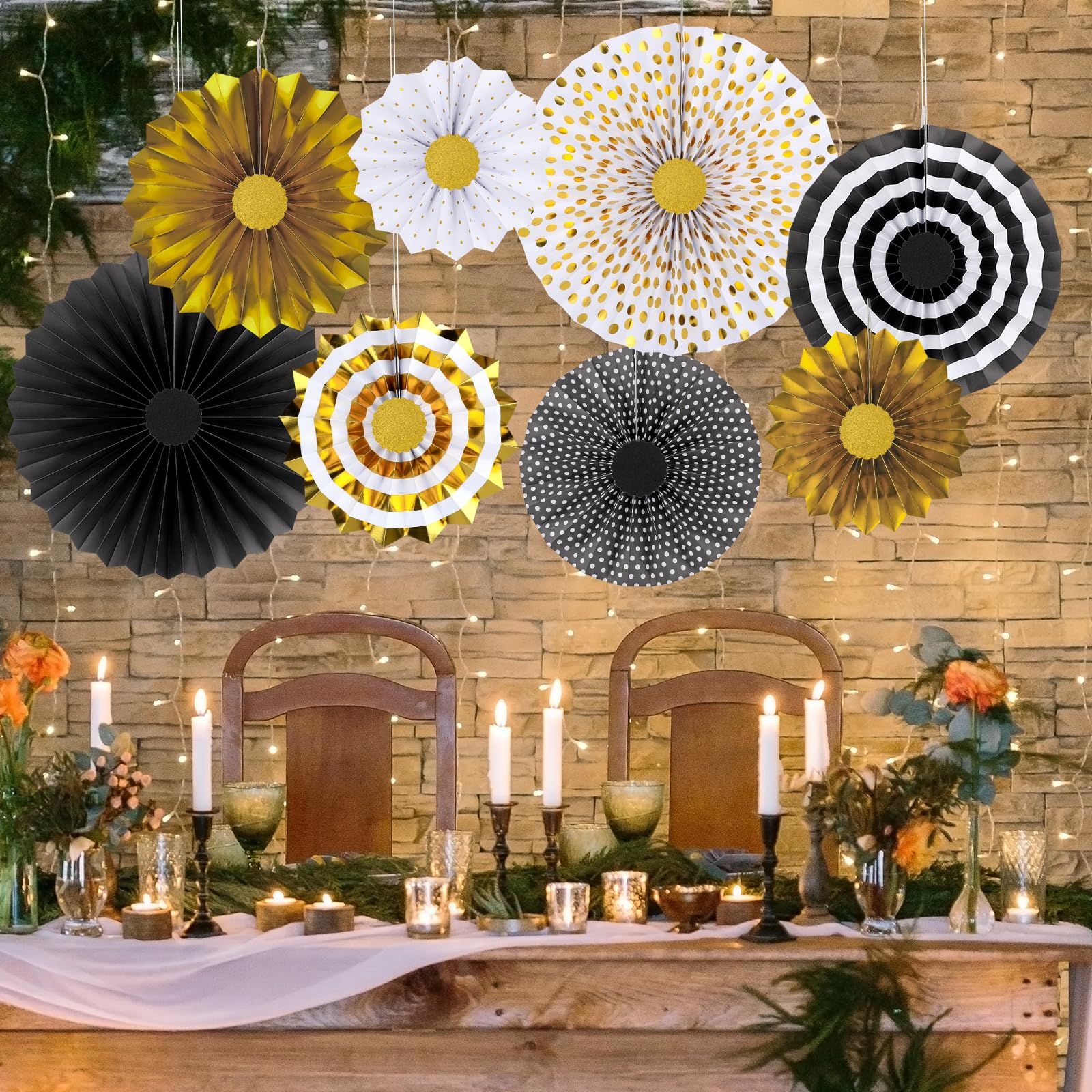 8 PCS Black Gold Party Hanging Paper Fans Decorations,Round Flower Paper Pompoms Fan for Photo Backdrop Halloween Graduation Birthday Wedding Party Decorations