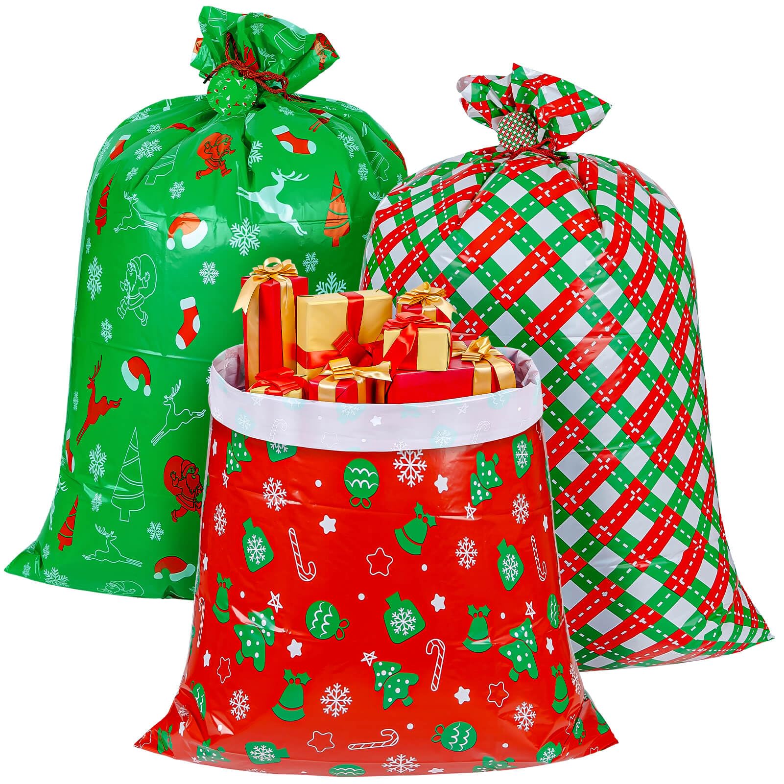 CubesLand Large Christmas Gift Bags,3 Jumbo Christmas Plastic Gift Bags,Huge Gifts Bags for Presents,Christmas Bags for Gifts Giant,Christmas Holiday Gift Wrap with Tag & Tie,Extra Large/Big/Medium