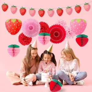 Strawberry Party Decorations Strawberry Hanging Banner Red Pink Tissue Pom Poms Fans Honeycomb Balls Lanterns for Berry Sweet Fruits 1st Birthday Bridal Baby Shower Decorations Supplies