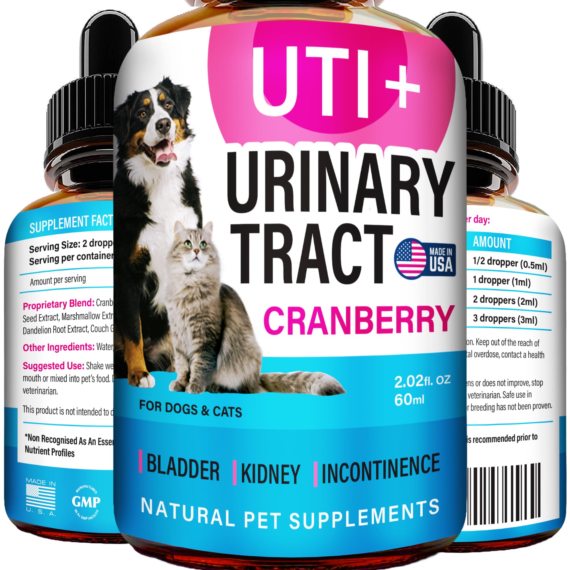 Cat & Dog UTI Treatment - UTI Medicine & Urinary Tract Infection Treatment for Pets - Kidney Support - Bladder Control for Dogs Incontinence - Cat UTI Remedy - Cranberry Supplement - US Made - 2fl.oz