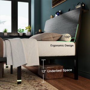 Einhomn Queen Size Metal Bed Frame with LED Lights & Charging Station, Ergonomic Platform Bed with Wooden Storage Headboard, Heavy-Duty Metal Base, 12" UnderBed Storage, No Box Spring Needed, Black