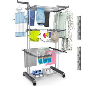 4 tier clothes drying rack oversized, foldable& adjustable height rolling clothes rack stainless steel with 4 castor, 24 drying poles,14 hook& 2 sock clippers, drying rack clothing for indoor& outdoor