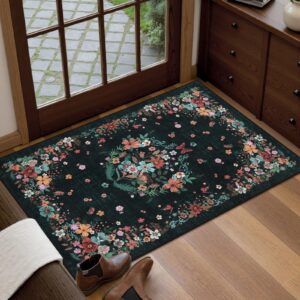 sivilife 2x3 floral entryway rugs indoor washable rug, black kitchen rugs non slip bathroom rugs vintage throw rugs, boho front door rug small area rugs for bedroom bedside entry entrance sink