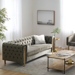 Olodumare Modern Velvet Chesterfield 3-Seater Sofa for Living Room, Luxury Contemporary Aristocratic Victorian Loveseat Couch with Gold Accents for Small Space, Elegant Button Tufted Furniture, Grey