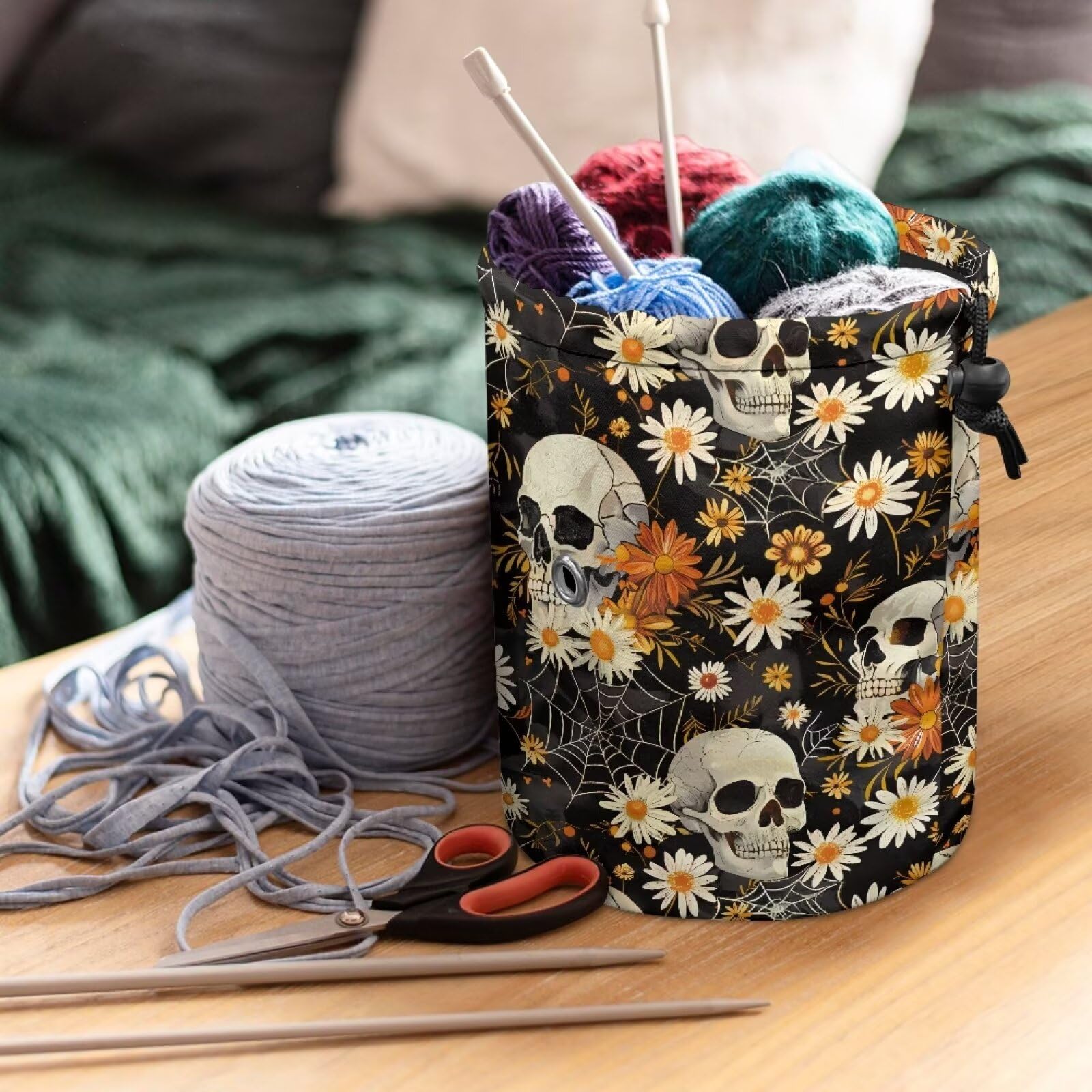 Sellikakes Daisy Skull Yarn Bag,Crochet Tote Knitting Bag Yarn Storage Organizer Holder Case for Crochet Hooks Needles Knitting Kit for Beginners