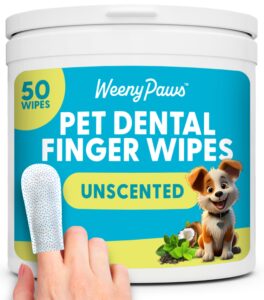 weeny paws pet dental wipes for dogs & cats, remove bad breath and plaque, easy to use, dog finger toothbrush, disposable gentle cleaning pet dental wipes, gentle dog toothbrush, 50 wipes