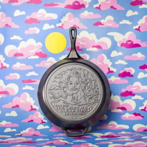 Lodge 13.25 Inch Dolly Parton Pre-Seasoned Cast Iron Stamped Skillet - Signature Teardrop Handle - Use in the Oven, on the Stove, on the Grill, or Over a Campfire - Clear Blue Morning