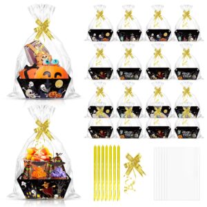 cieovo 24 set halloween party baskets for gifts empty with cellophane basket bags bows, happy halloween market tray cardboard basket to fill for halloween trick or treat party decor