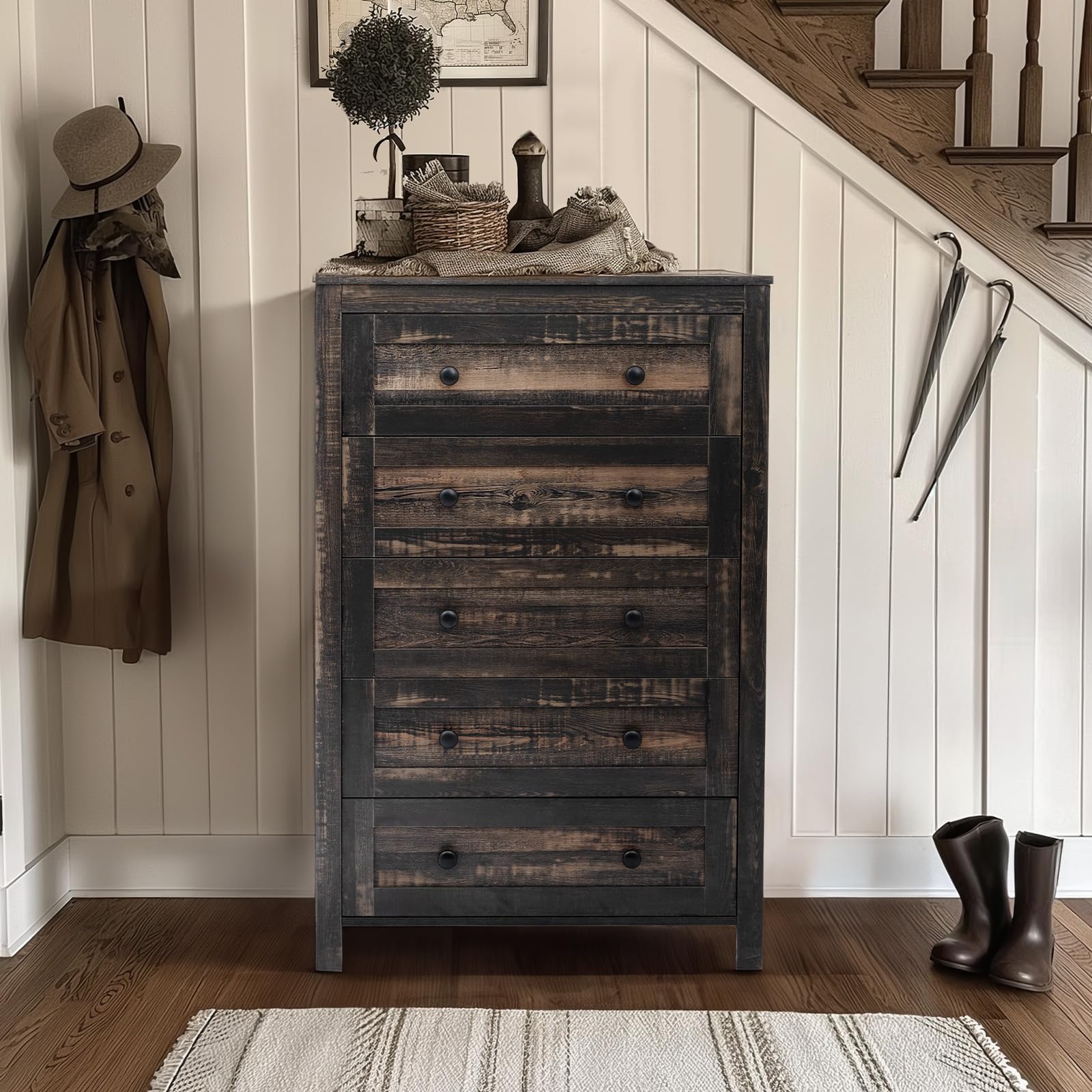 HALLYBEE Farmhouse 5 Drawer Dresser, 48" Tall Dresser for Bedroom, Wood Chest of Drawers with Round Metal Handle, Storage Dresser Organizer for Bedroom, Living Room, Hallway, Dark Rustic Oak