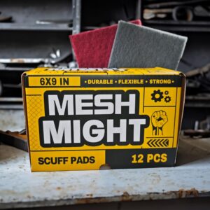 MeshMight 6" x 9" Non-Woven Scuff Pads, Scouring Pad, Box of 12: 6 Fine Grade Maroon Color, 6 Extra Fine Grade Grey Color; Aluminum Oxide Abrasive, Extra Durable and Thick, for Perfect Surface Finish