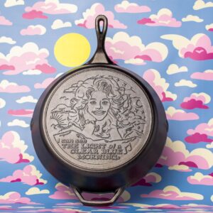 Lodge 13.25 Inch Dolly Parton Pre-Seasoned Cast Iron Stamped Skillet - Signature Teardrop Handle - Use in the Oven, on the Stove, on the Grill, or Over a Campfire - Clear Blue Morning