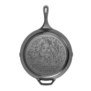 lodge 13.25 inch dolly parton pre-seasoned cast iron stamped skillet - signature teardrop handle - use in the oven, on the stove, on the grill, or over a campfire - clear blue morning