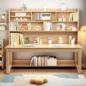 BALANBO Kids Desk Kids Table with Hutch for Children Wood Table Solid Wood Desk Two Positions Suitable for Two People Suitable for Children's Study Adult Home Office and Other Places(Natural)